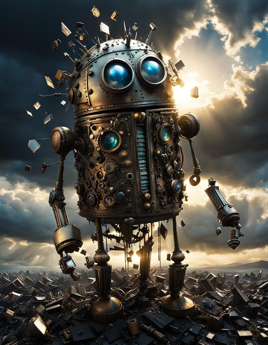 Trashcan Robot Breaking - AI Generated Artwork - NightCafe Creator