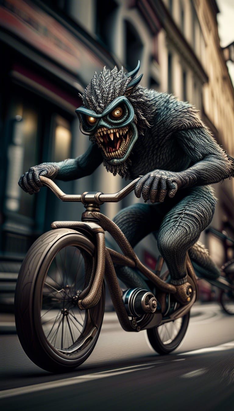 A monster riding a bike, intricate details, HDR, beautifully shot ...