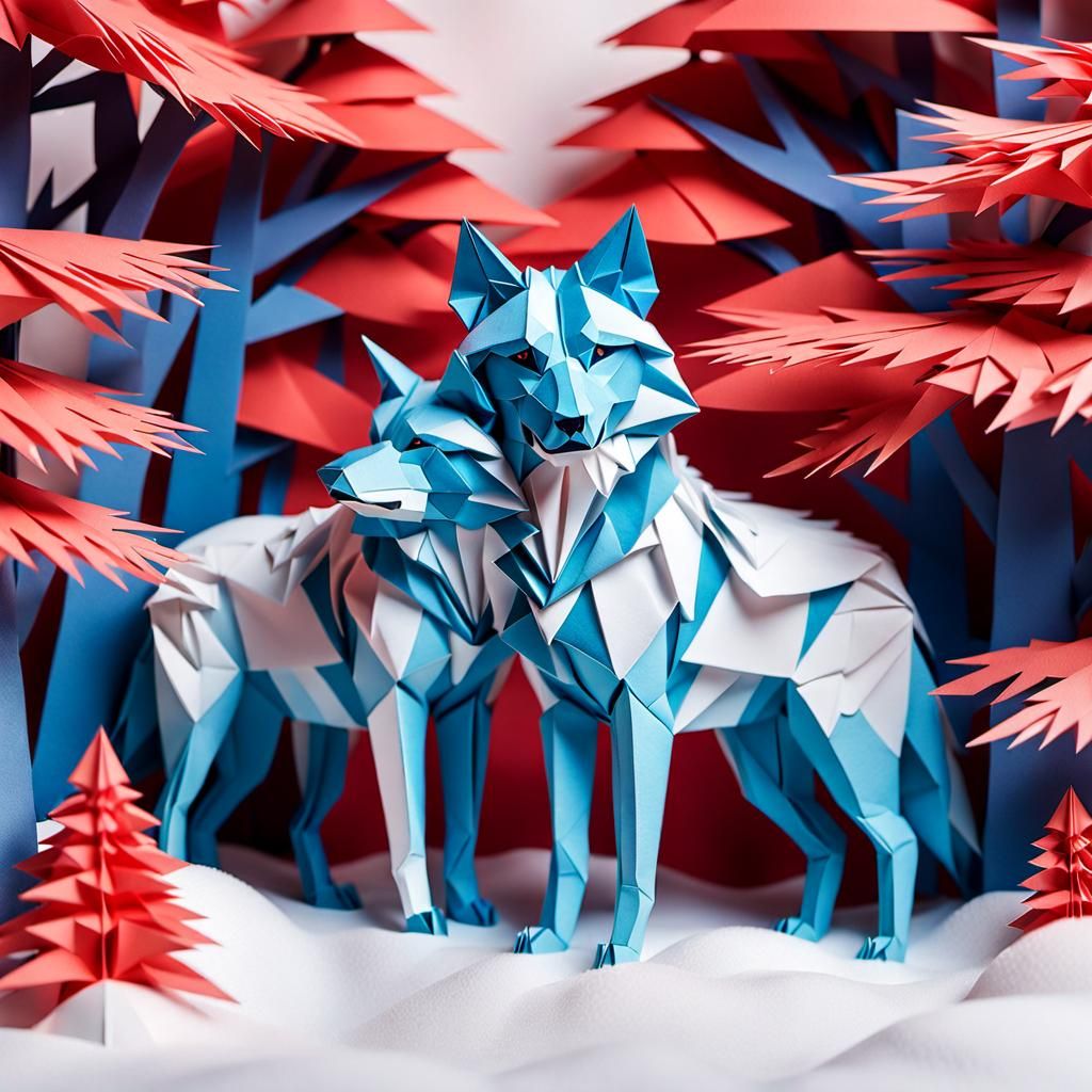 "3d paper origami artwork of a pair of wolves hugging in a snowy forest ...