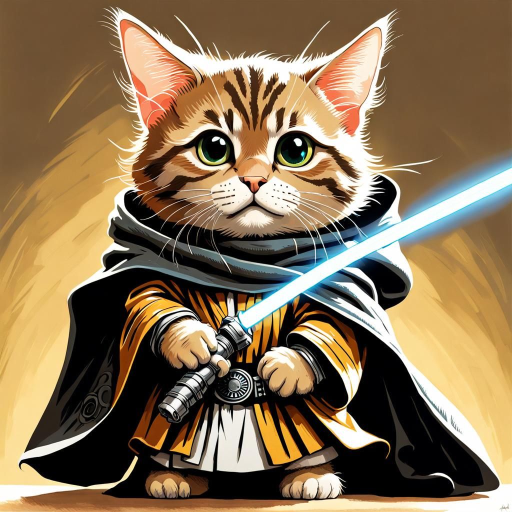 An Intricately detailed cute tabby cat wearing a star wars jedi cloak holding a light sabre | by ...