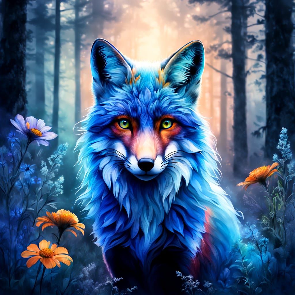 Blue Fox Double Exposure in Bioluminescent Forest - AI Art