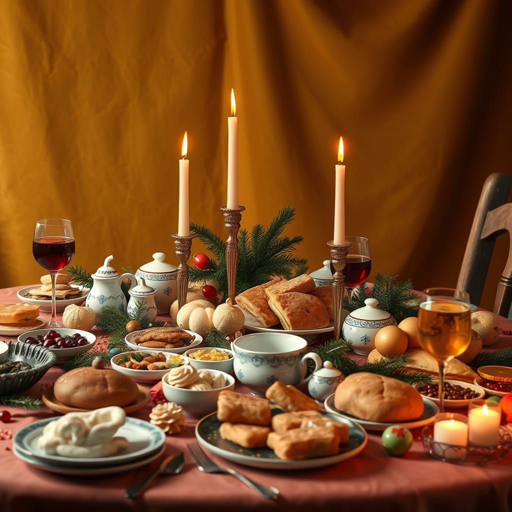 Cozy Danish New Year's Eve Feast in Warm, Golden H... - AI Art