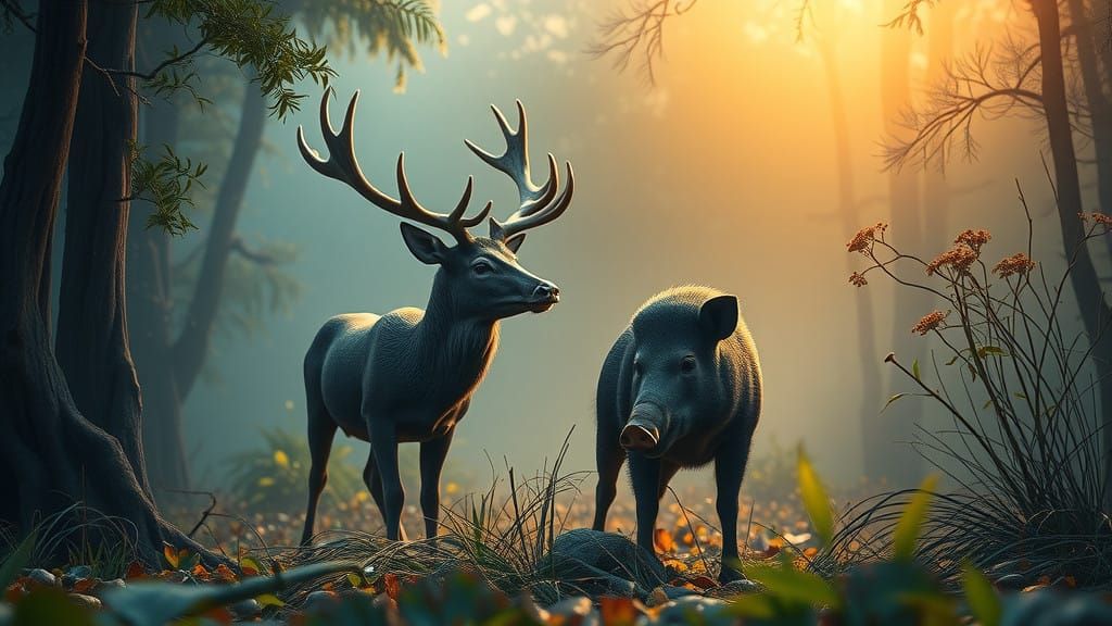 deer and wild pig in swamp forest - Majestic Deer and Fierce...