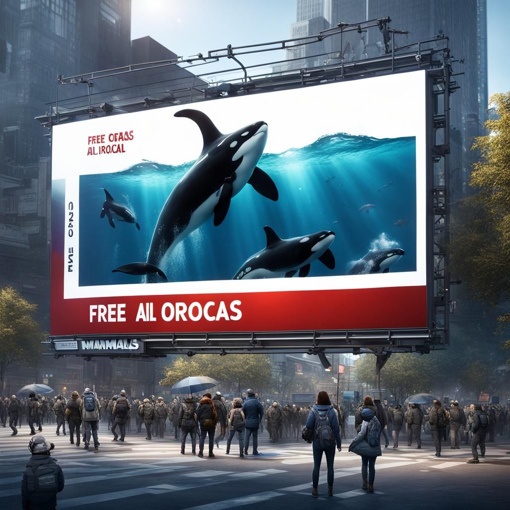 large billboard saying "Free all Orcas". crowd holding signs protesting ...