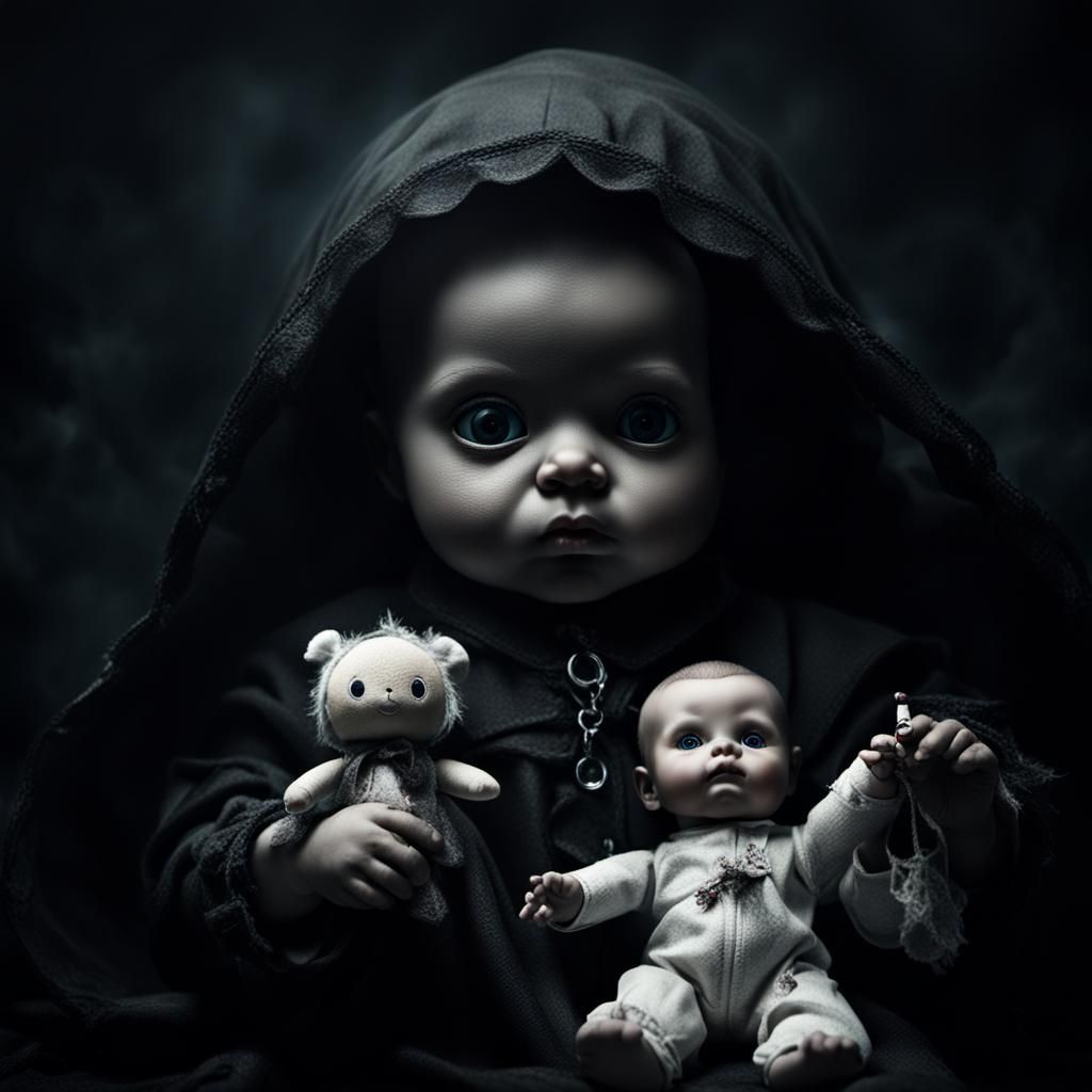 Sinister Dark Fantasy: Baby with Doll - AI Art