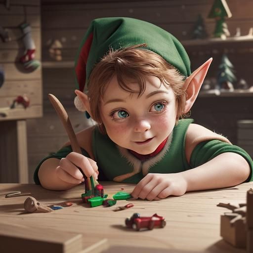 (a postcard: of Workshop, Christmas Elf's working on a wooden toy: 1.6 ...