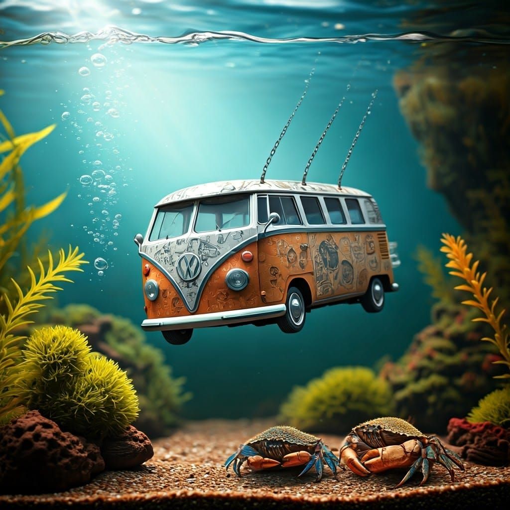 A Micro, meticulously designed Aquatic robotic VW Bus with visible ...