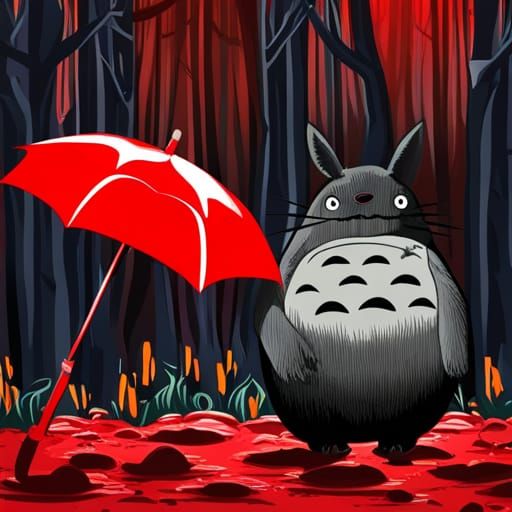 dark forest, raining blood, scary demonic totoro holding red umbrella ...