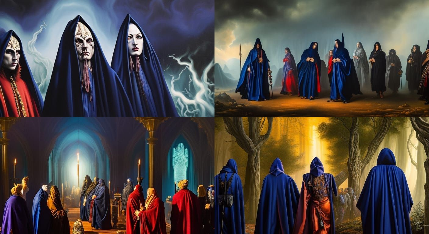 fantasy painting, horror, Dutch Baroque, indigo hues, cultists, rich indigo robes, sumptuous ...