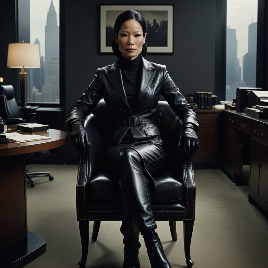 Lucy Liu, angry face, dressed in a strict black leather jacket, black ...
