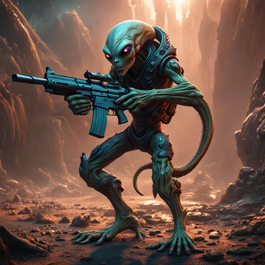 Alien holding a gun - AI Generated Artwork - NightCafe Creator