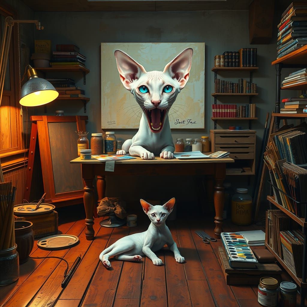 A dimly lit, cozy art studio with worn, creaky wooden floorboards and a ...