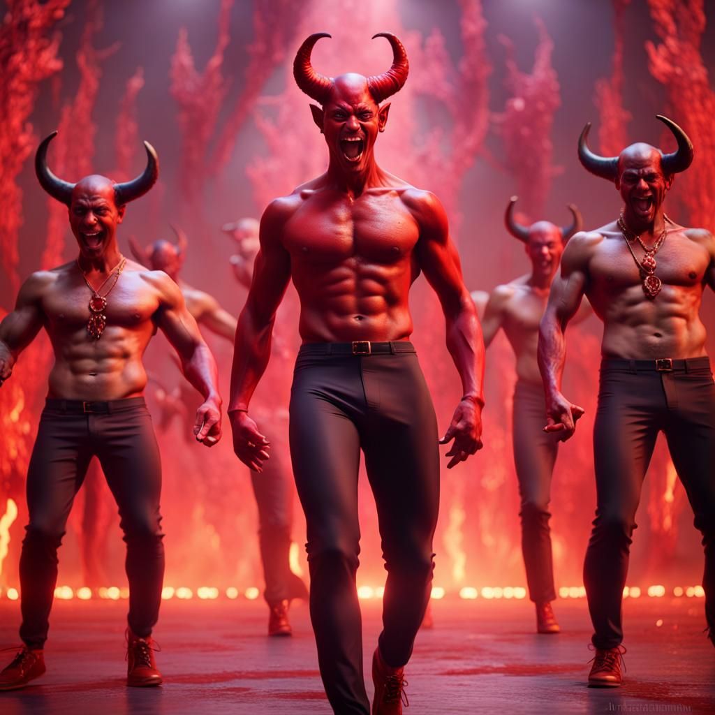 Gay shirtles devil in red tight pants is dacing macarena with other devils - AI Generated ...