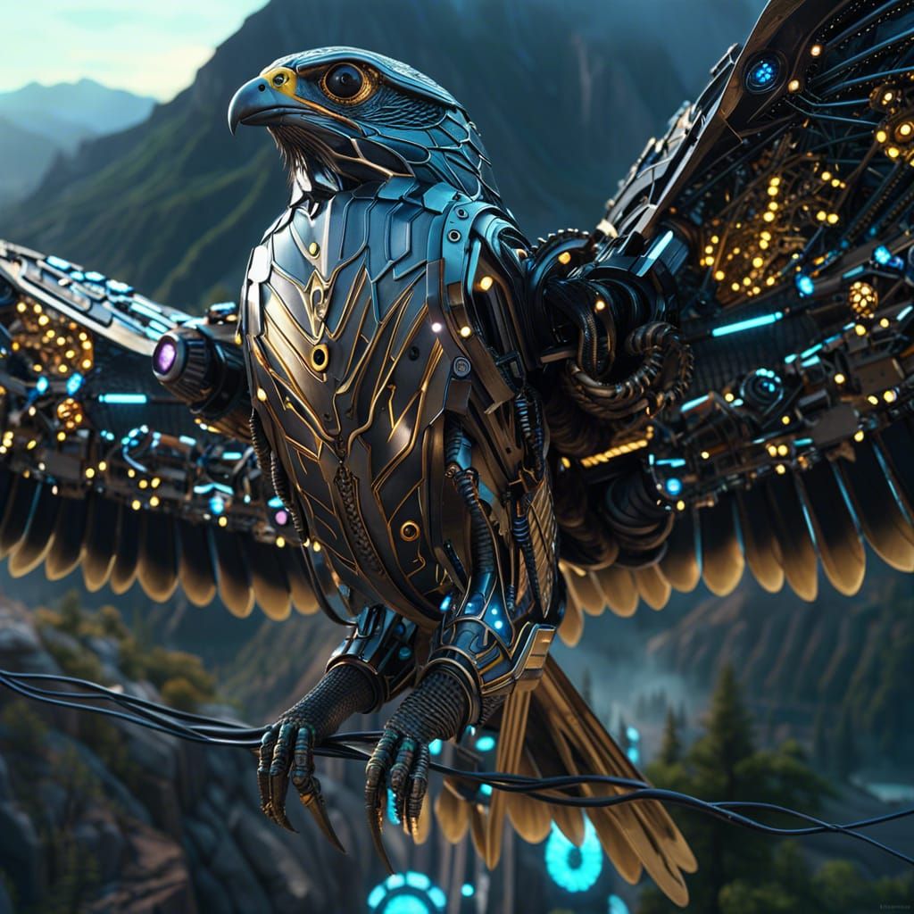 Falcon bird is wired complex biomehanical borg with bioluminescent ...