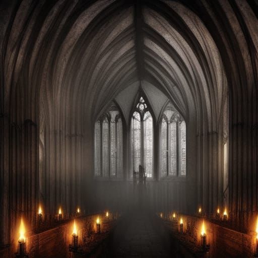 Gothic church, dark, haunted, ghostly scenery, torches, open windows ...