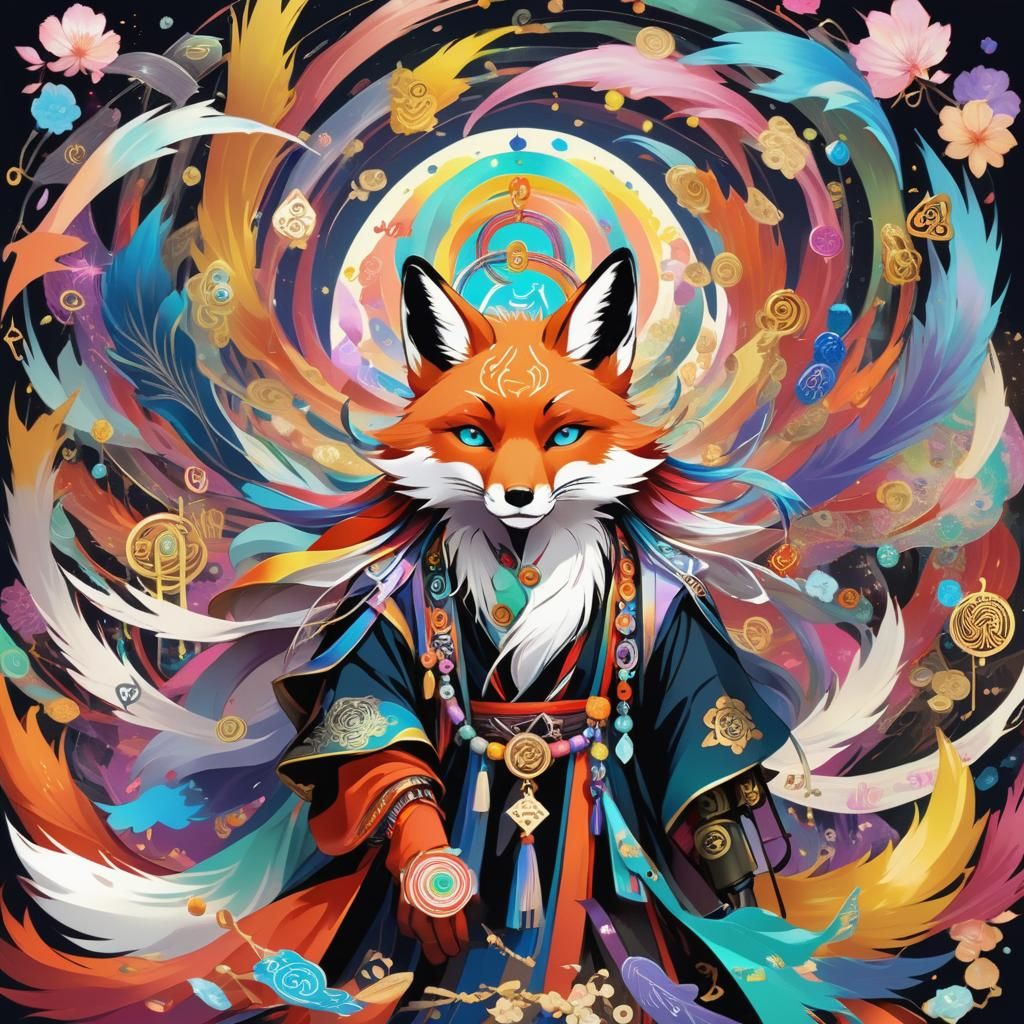 Onmyouji Fox master surrounded by a swirl of talisman tags in rainbow ...