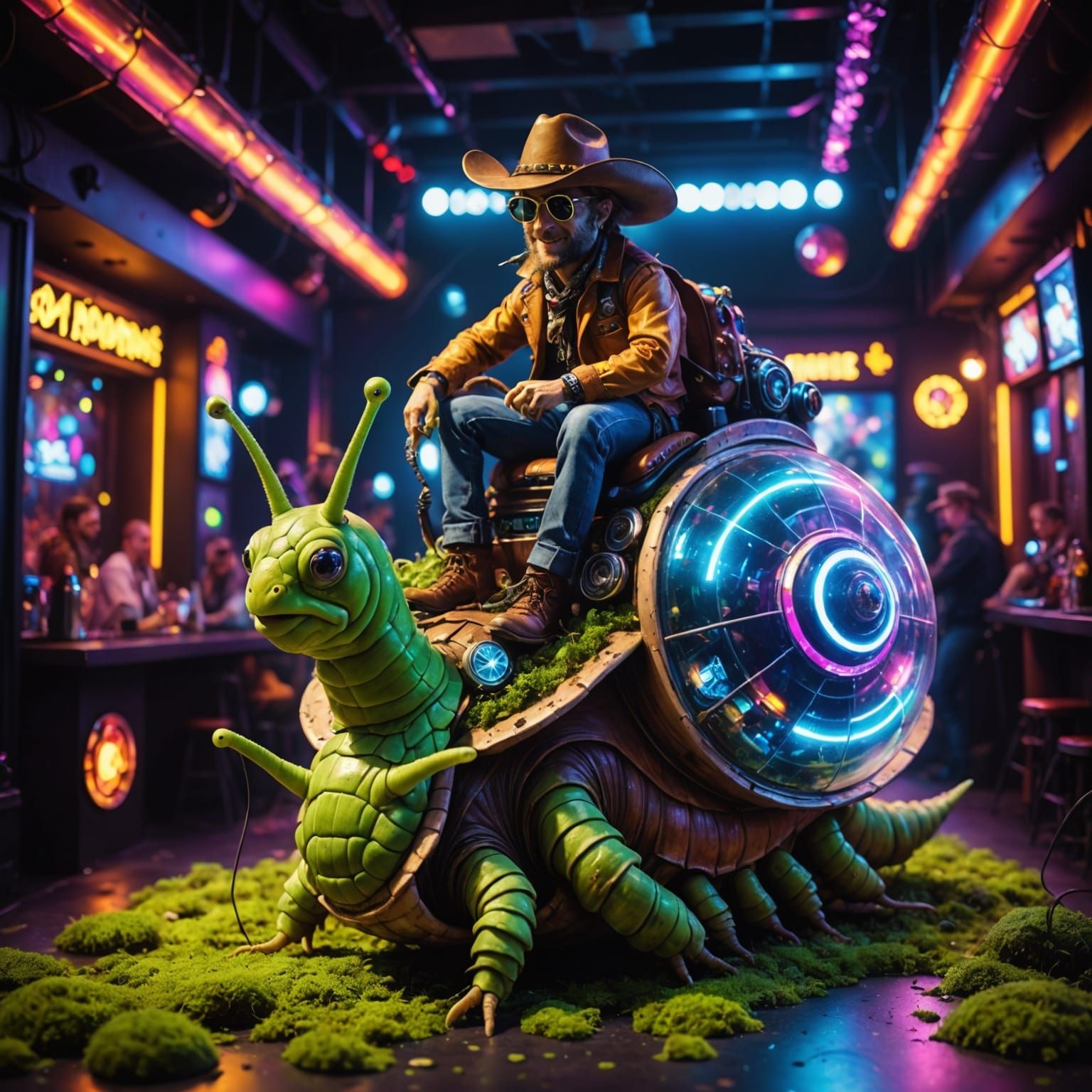 snail dressed as a cowboy riding a caterpillar like a rodeo bull