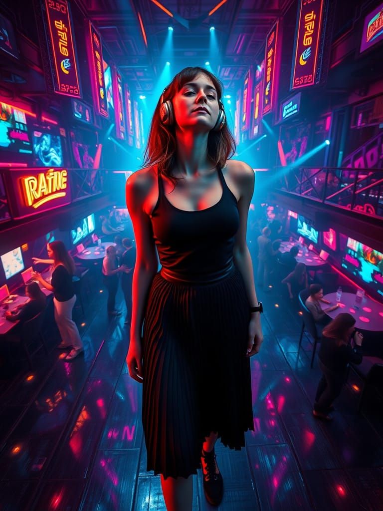 Confident Woman Embracing Cyberpunk Dance Floor in... - AI Art