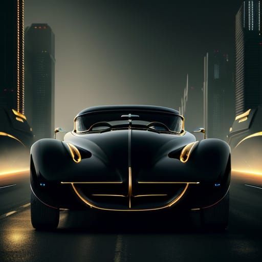 A black, sleek, retro-futuristic car, reminiscent of 1920s design ...