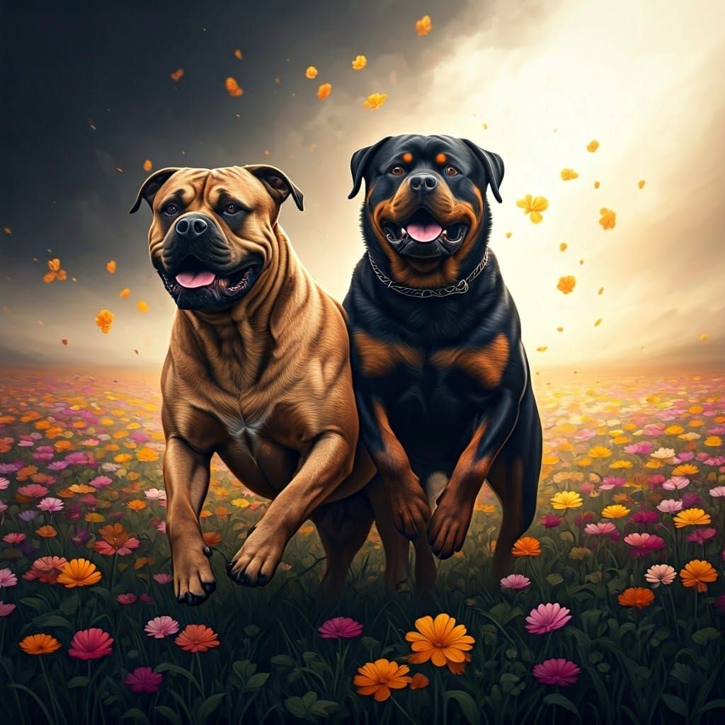 A colonel charcoal drawing. Medium shot. One large brown Boerboel and ...