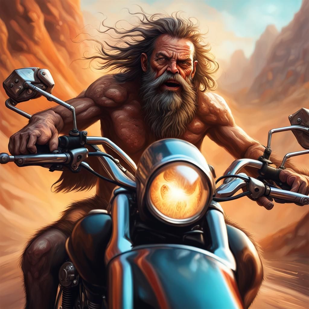 a cave man driving a motorcycle with absoult fear in his eyes, highly ...