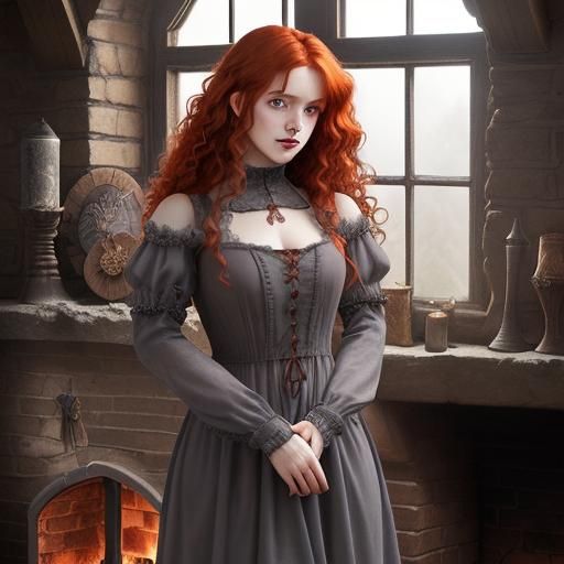 Pretty maiden, curly copper red hair, violet eyes, ramshackle castle ...