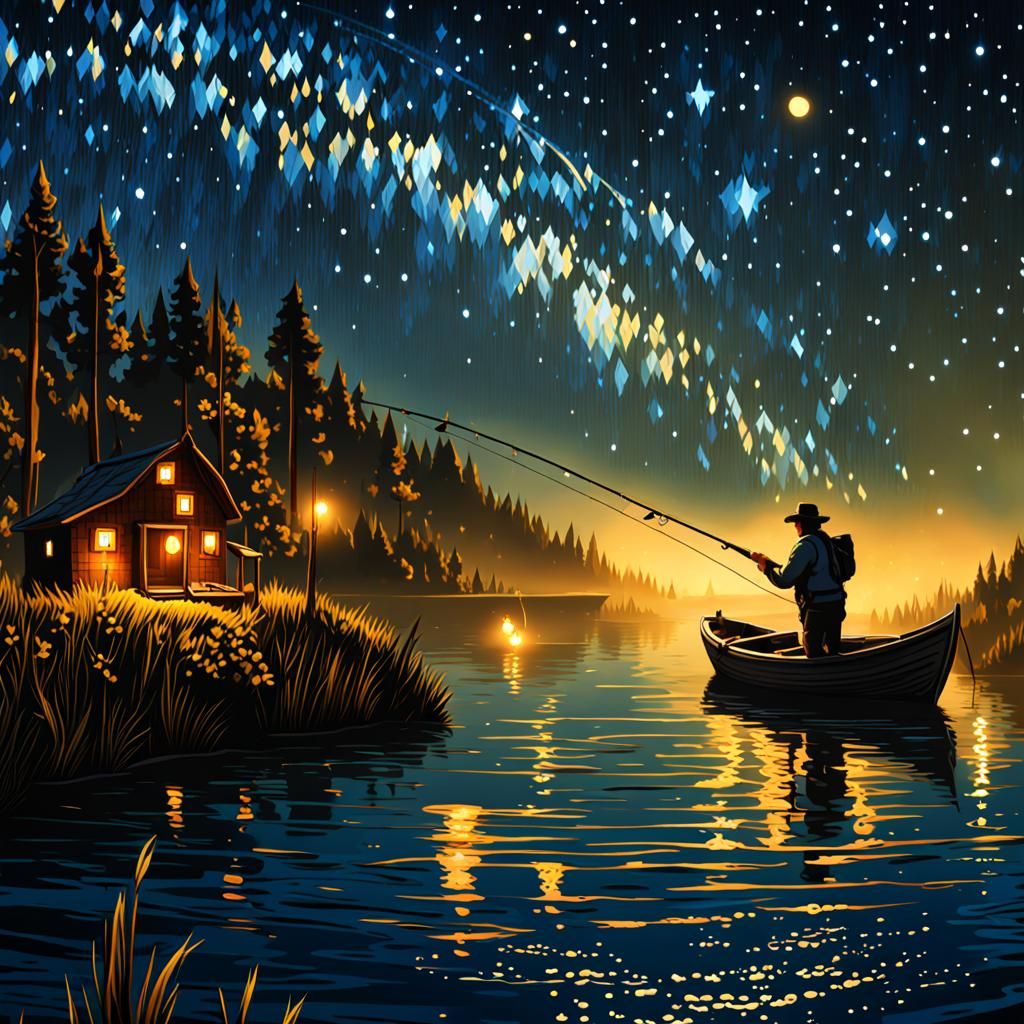 fishing, starry night, stars, concept art, 16k resolution, artwork ...