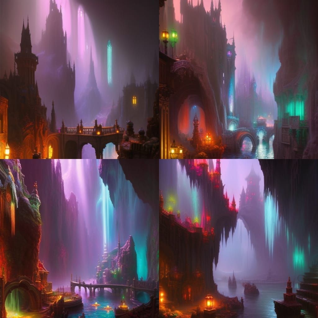 epic soaring interior cavern at sunset, sidhe underdark xorvintaal arux ...