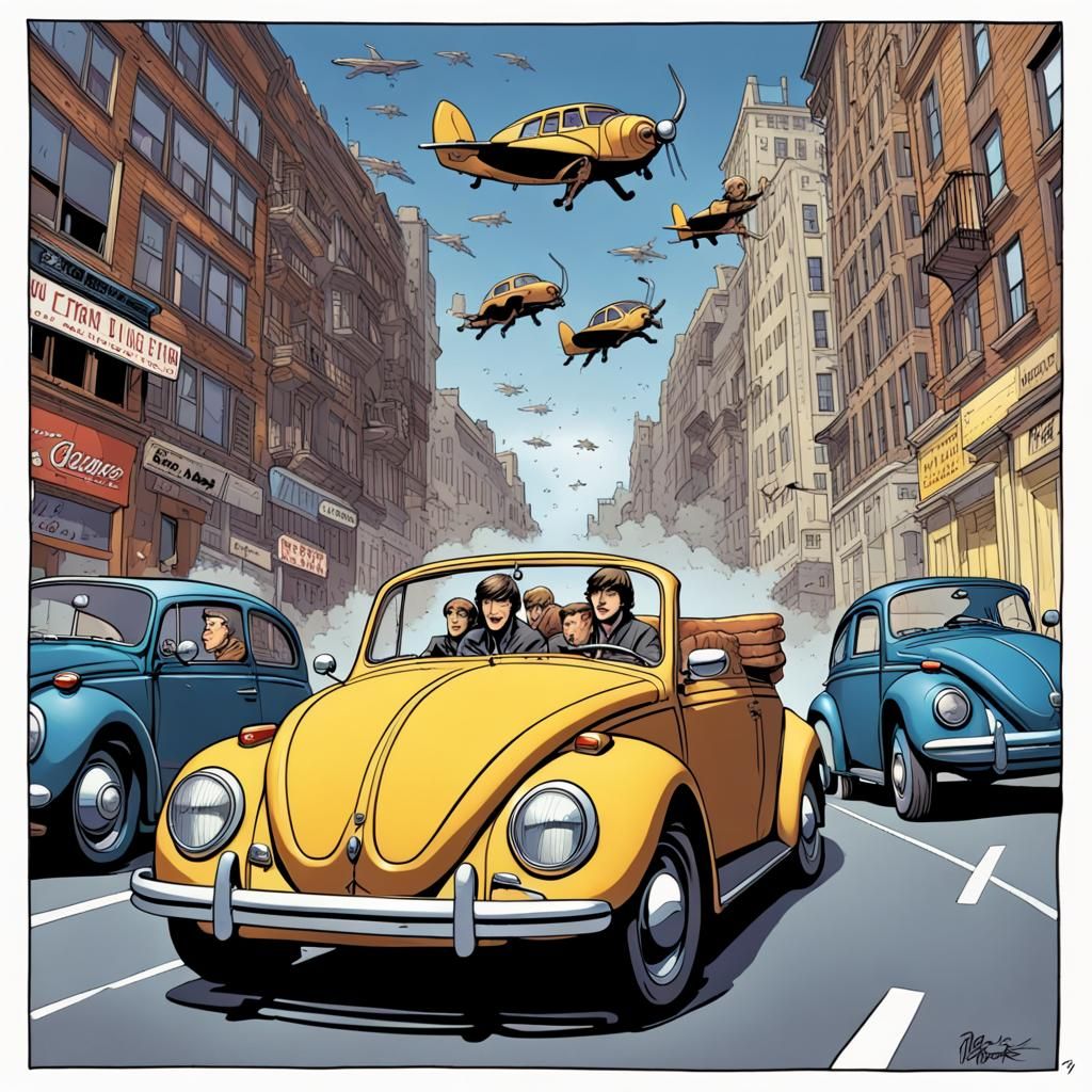 The Beatles in a VW-Beetle-cabriolet, flying beetles in the air - AI ...