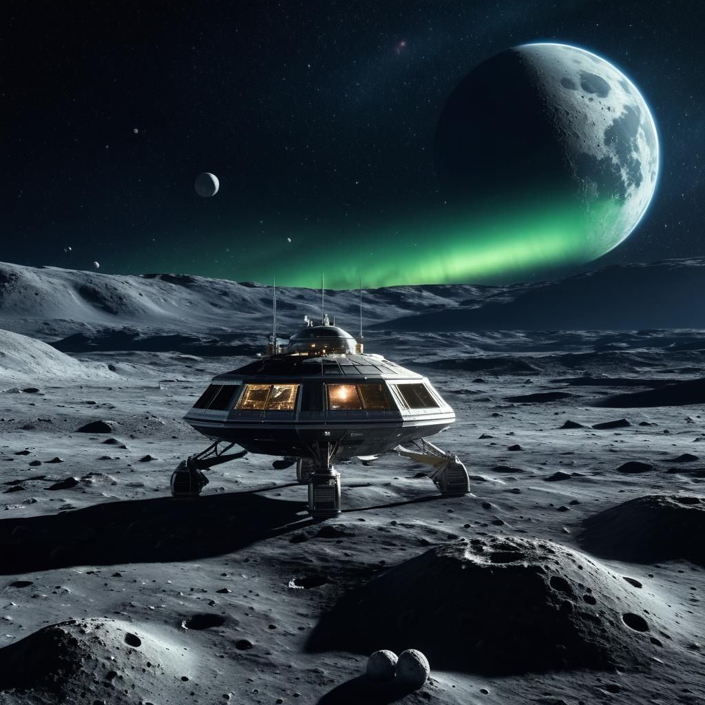 Miniature Spaceship Illuminates Lunar Night Sky in... - AI Art