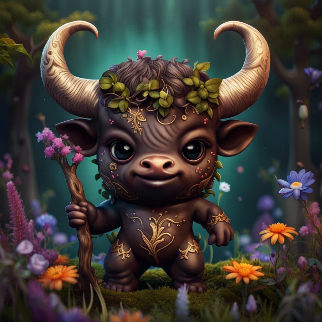 "Cute adorable plump chibi baby minotaur that is cute, shy, colorful ...