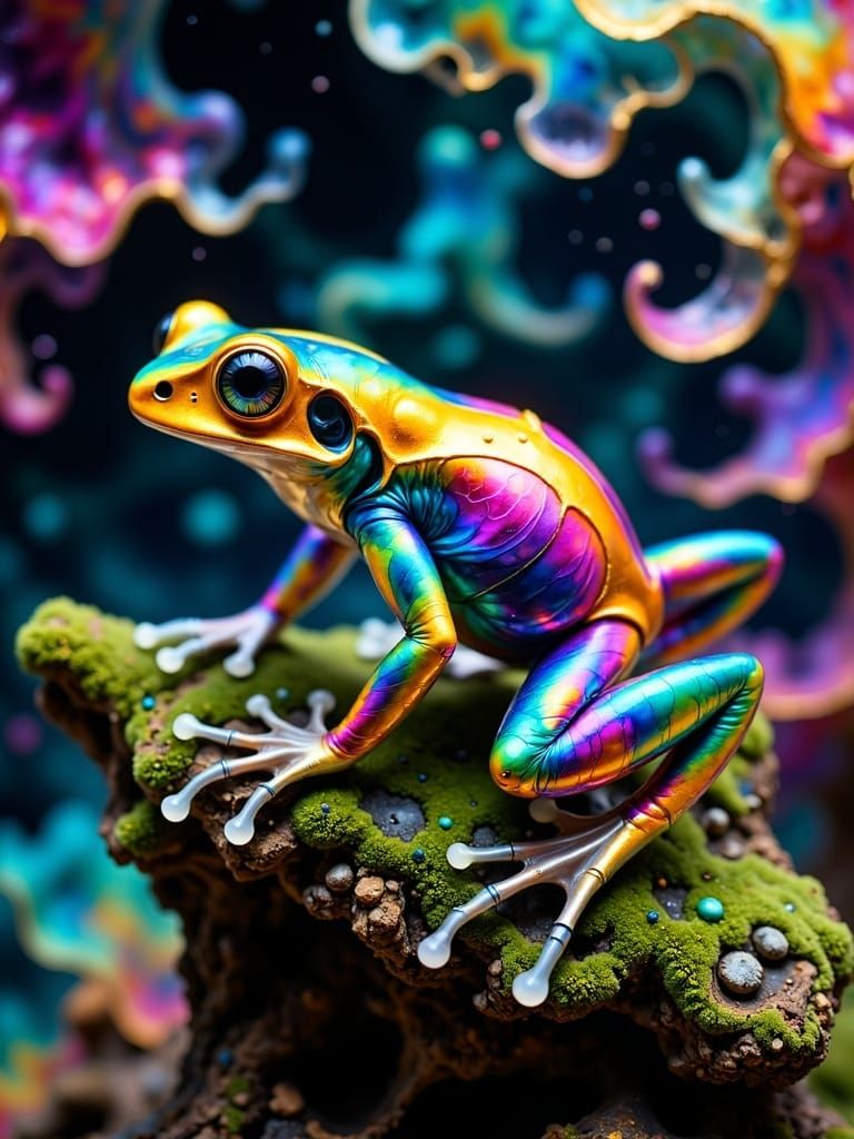 Trippy Frog - Vibrant Iridescent Frog in Kaleidoscopic Drea...