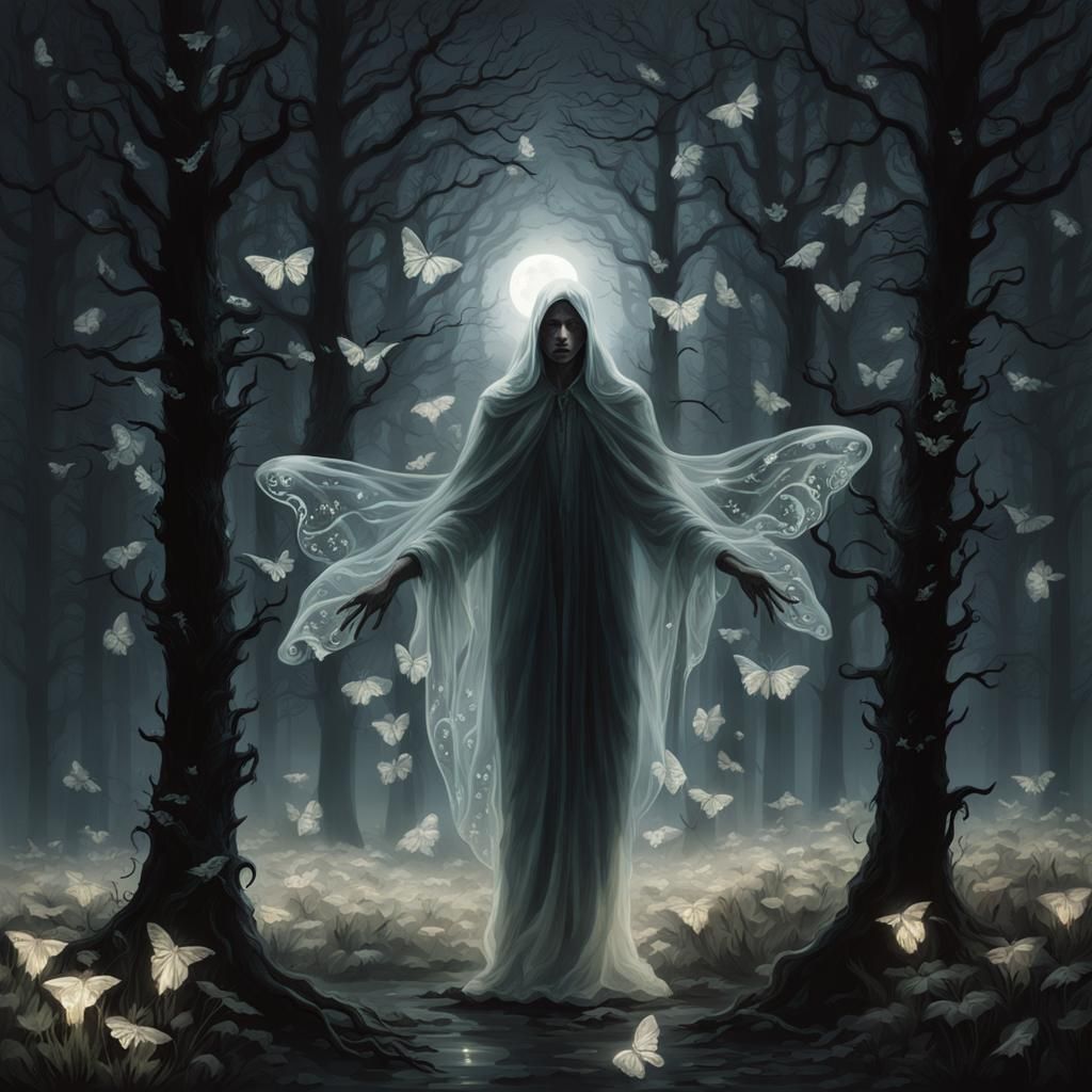 human ghost with skin made out of transparent bio luminous moths ...