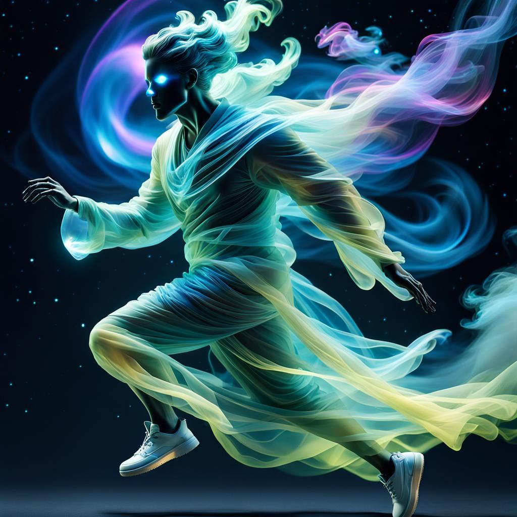 Motion Blur Action side profile shot of Ghost running away and smoke ...