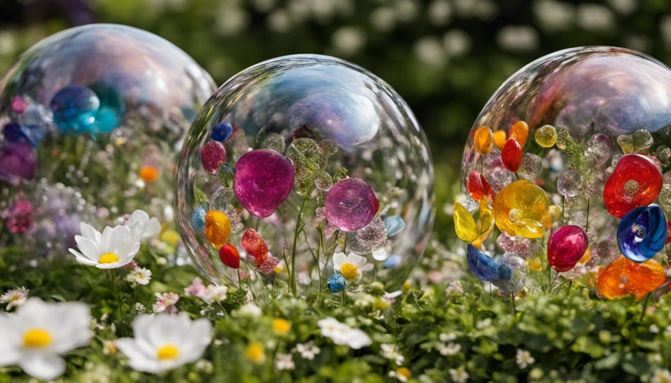 Glass Spheres Inspired by Flowers, rainbow, Placed in a flower garden ...