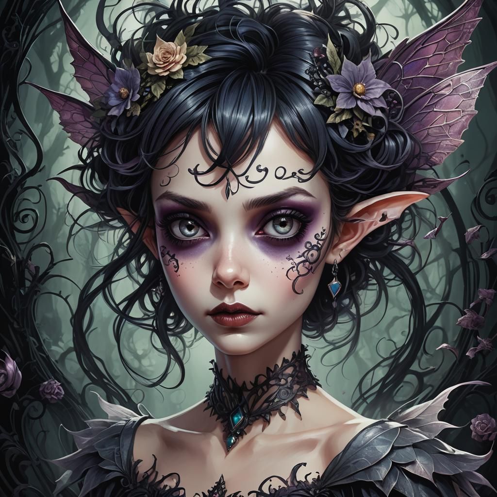 Portrait digital illustration of Evil Pixie fairyland, intricately decorated dark academia ...