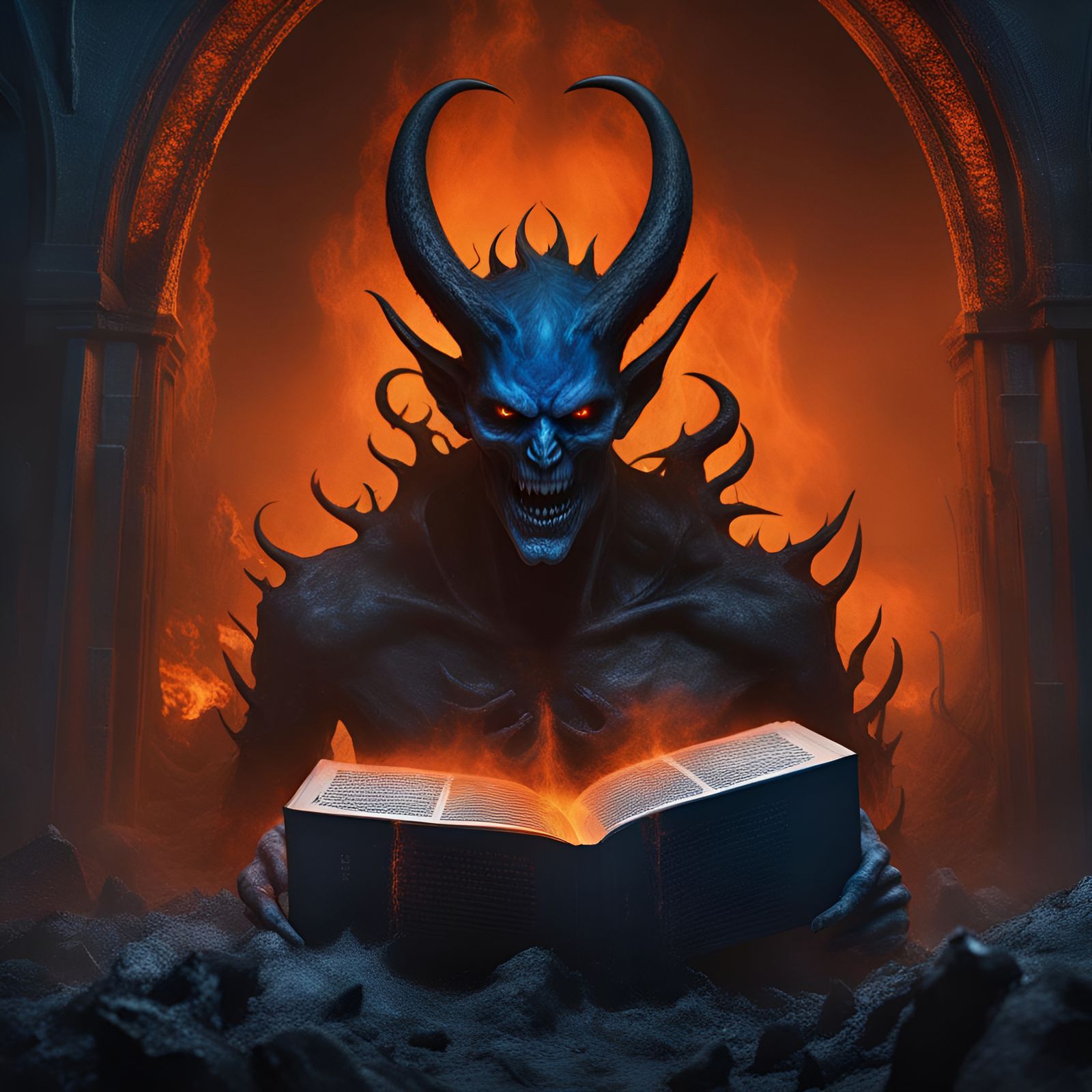 demon book page in Hell,blue and black,orange mist in the style of ...