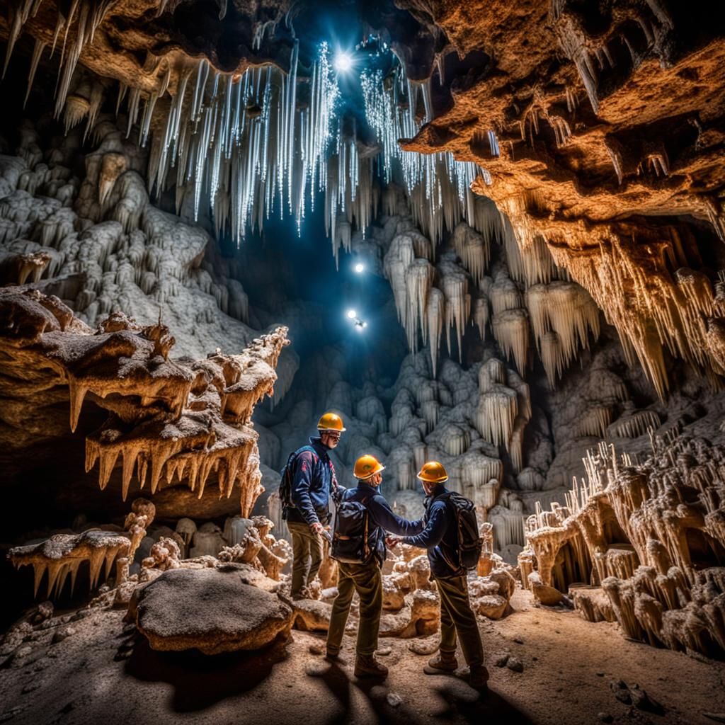 Two cave explorers high-fiving each other upon finding a sparkling ...