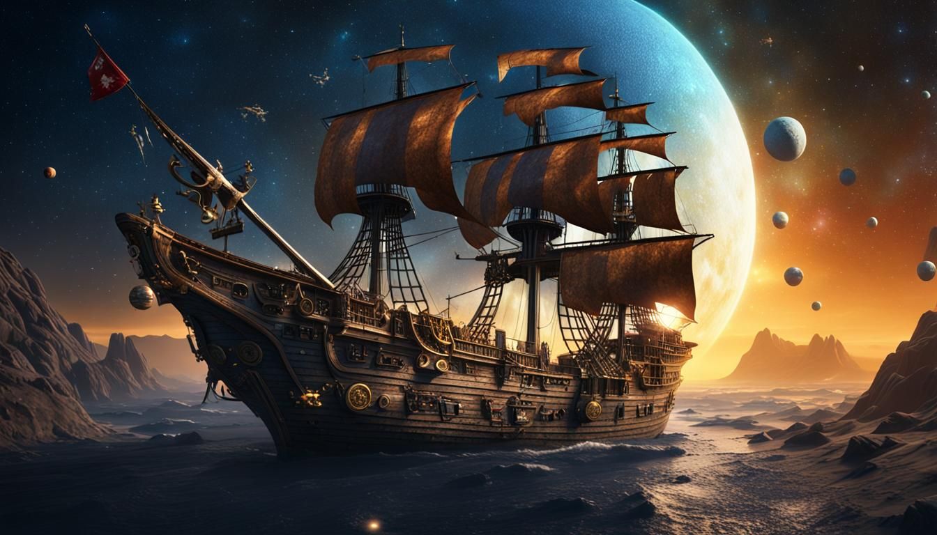 a tall pirate ship with pirate flags, sailing through the solar system ...