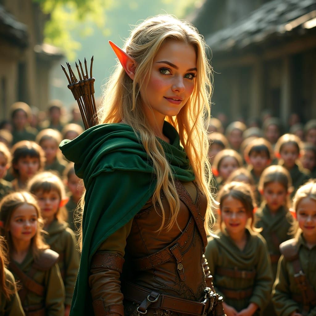 Ethereal Elven Ranger Surrounded by Young Elves in... - AI Art