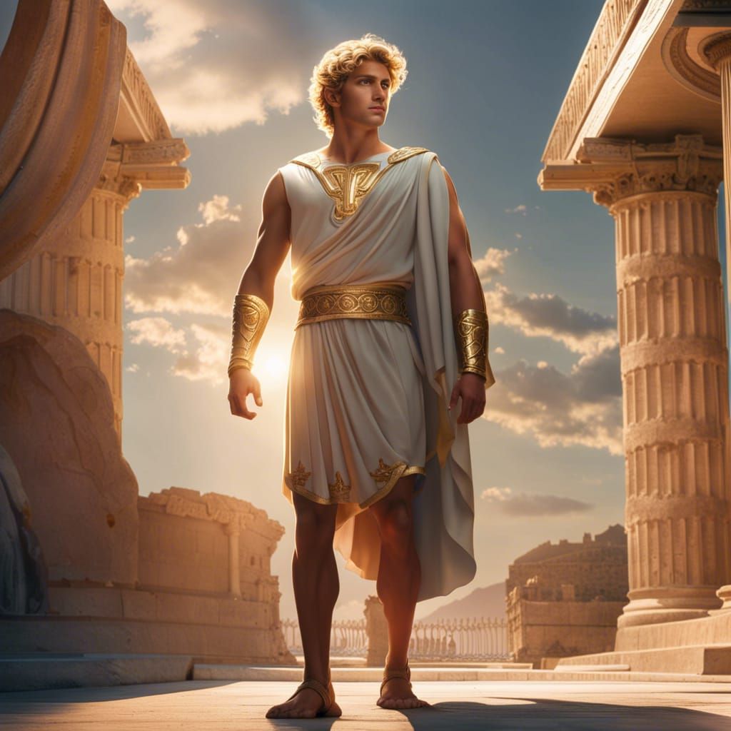a handsome and masculine young teen god apollo, curly wavy blonde hair ...