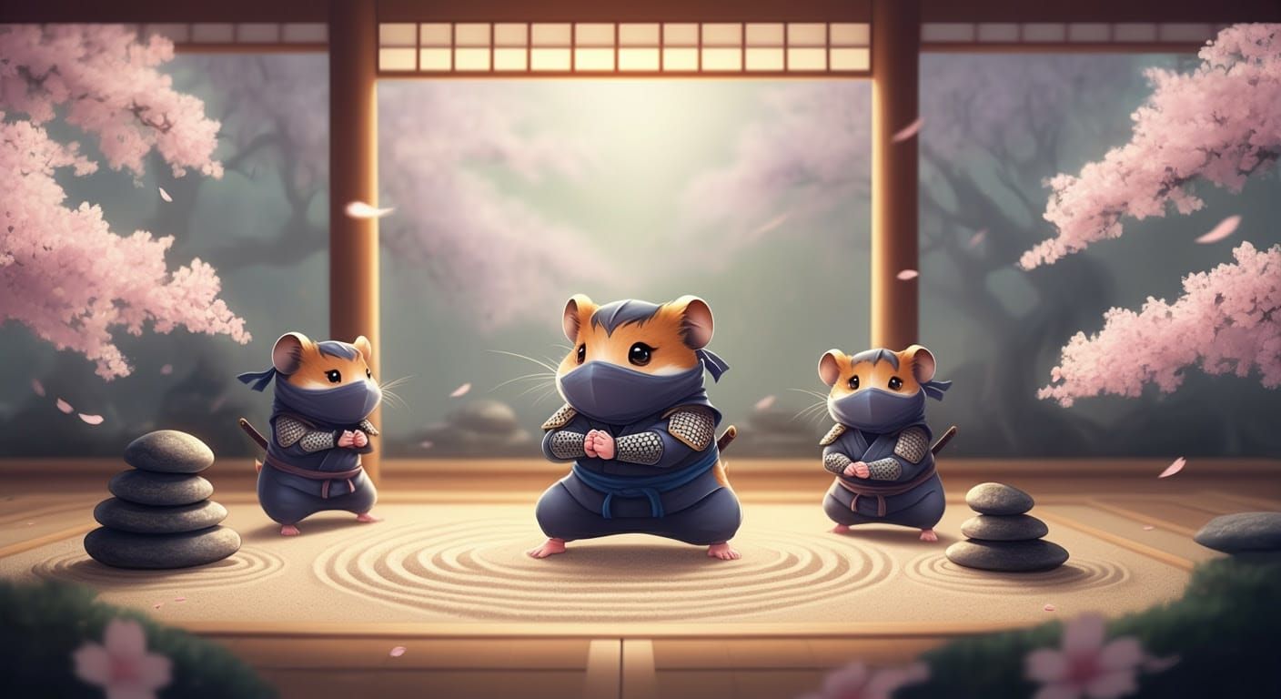 A brave team of female chibi hamsters in miniature ninja armor ...