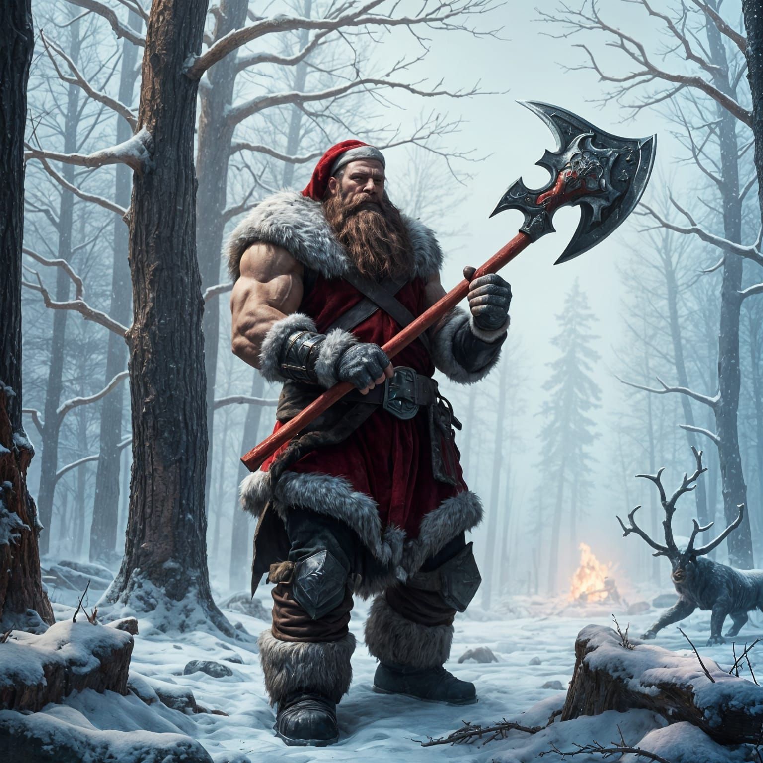 Muscular Santa Barbarian in Red Snowy Forest - AI Art