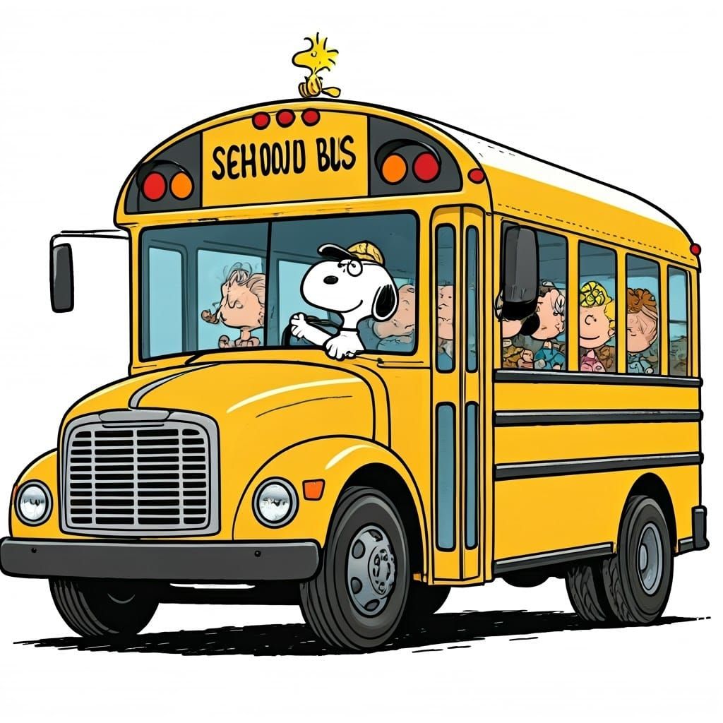 School bus - Cheerful Peanuts Characters Ride a Classic Yell...