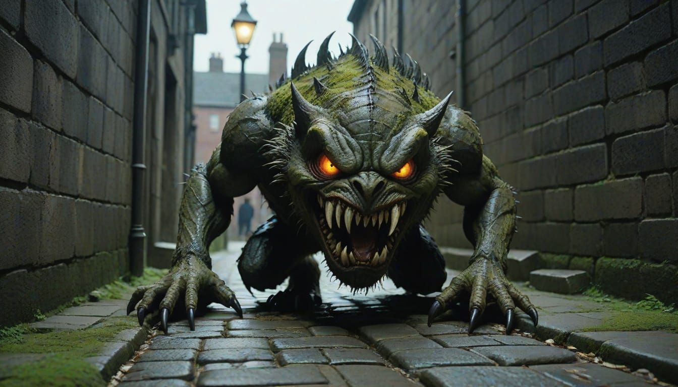 Gritty Horror Scene: In a dimly lit alley, a monstrous creature with ...
