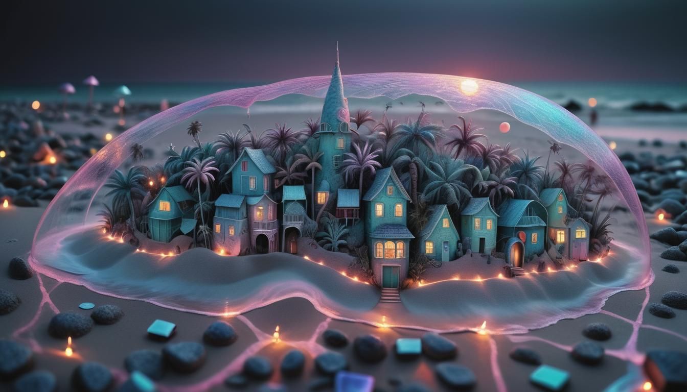 Whimsical, bizarre, twisted, bending beach-holiday-house on a sunset beach