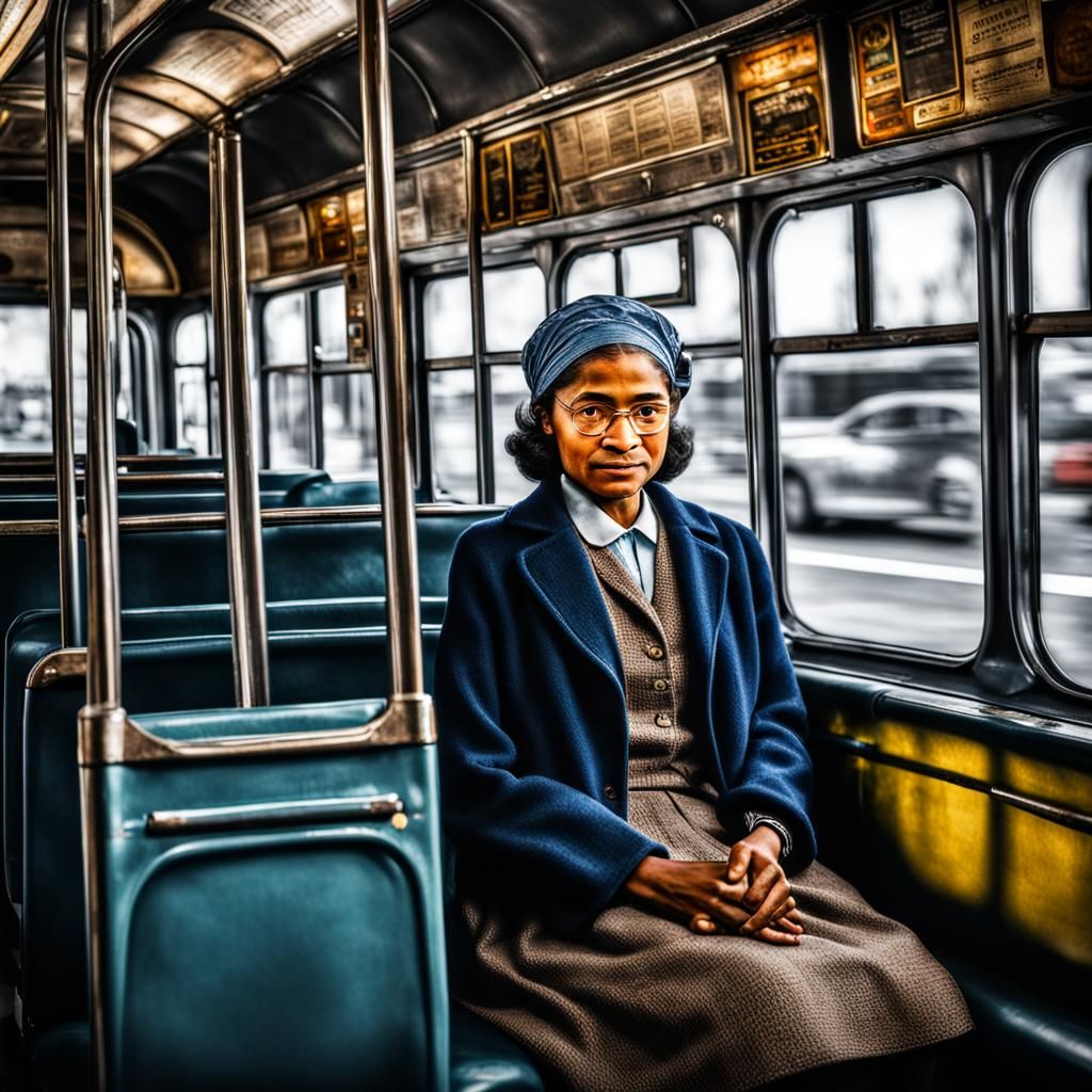 Young Rosa Parks sitting in the bus seat that made her famous, , intricate details, beautifully ...