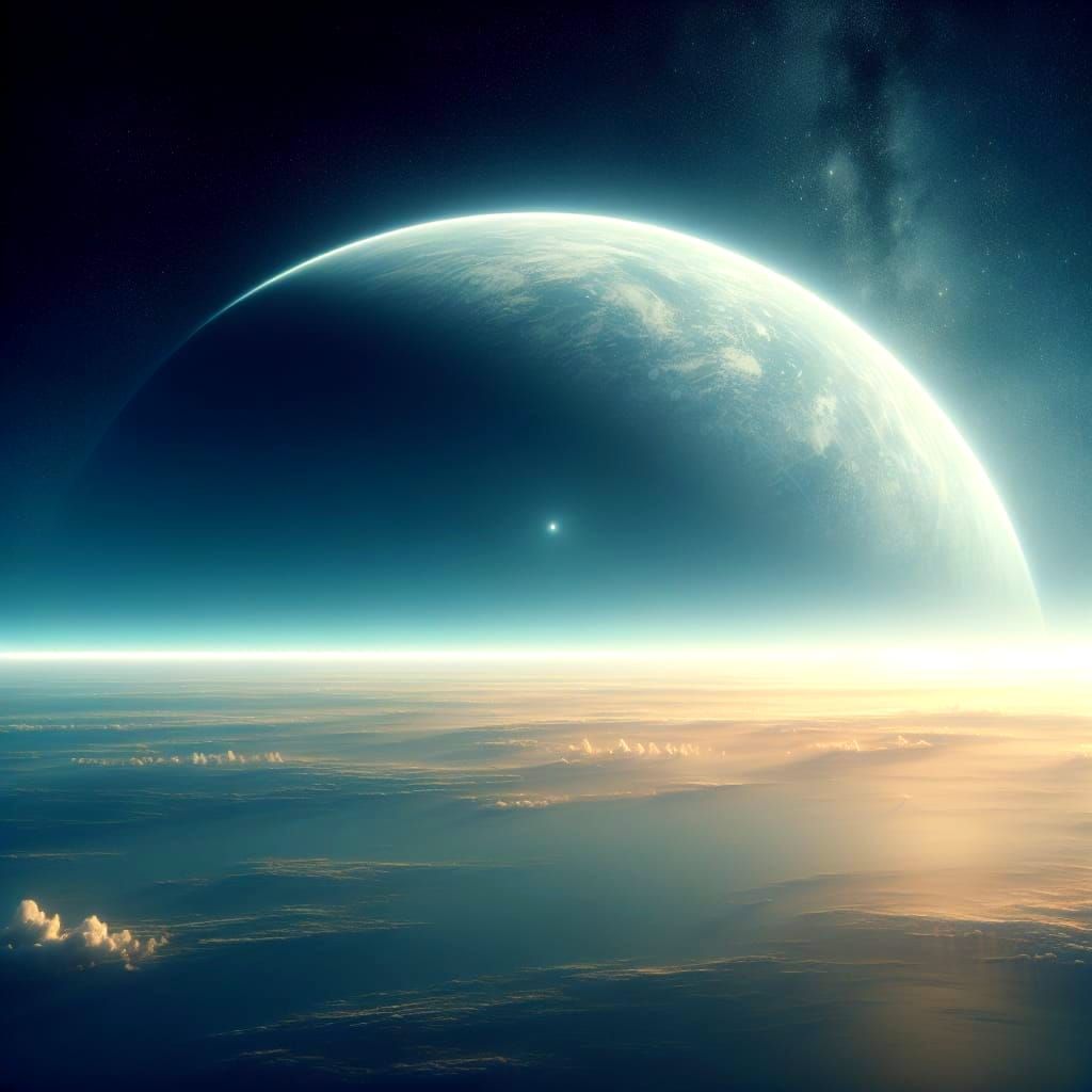 A serene, dreamy landscape of the flat earth, viewed from a low lunar orbit