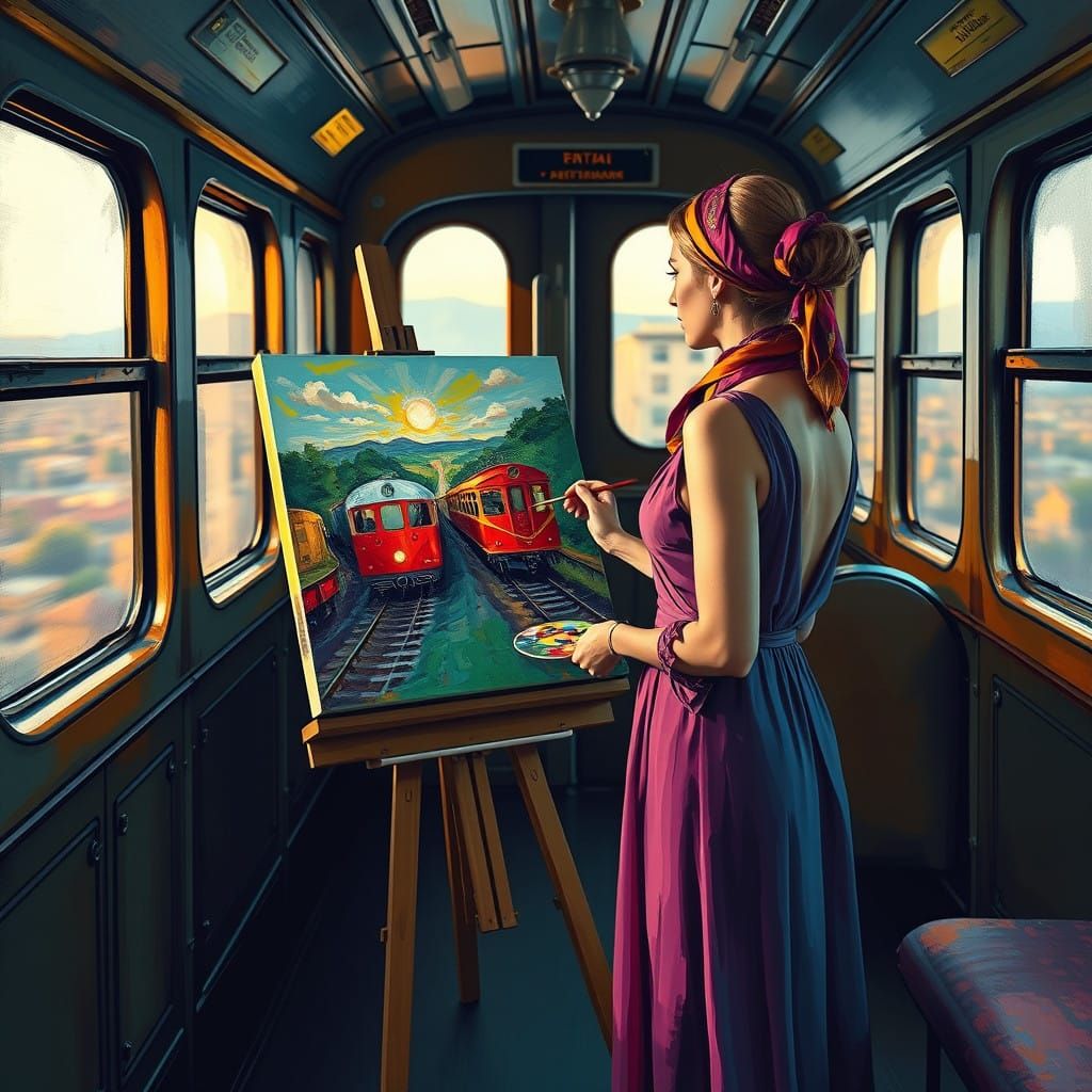 Training - Woman Paints Train Landscape in Expressive Brushs...