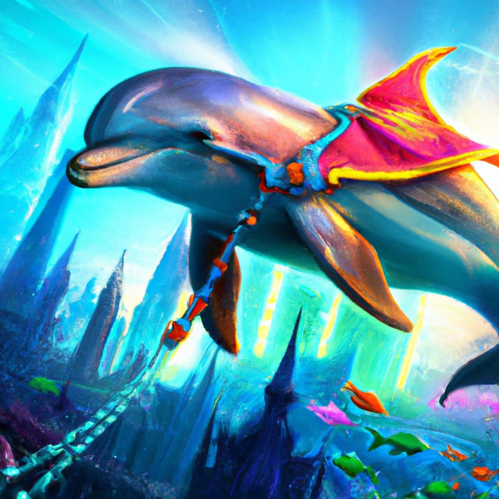 dolphin wearing superhero cape and superhero S necklace, vibrant ...